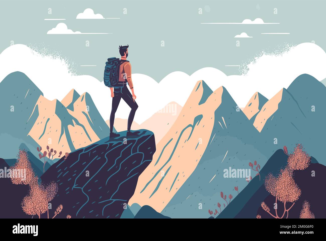 A vector illustration of a hiker standing on the edge of a cliff and gazing at the landscape ...