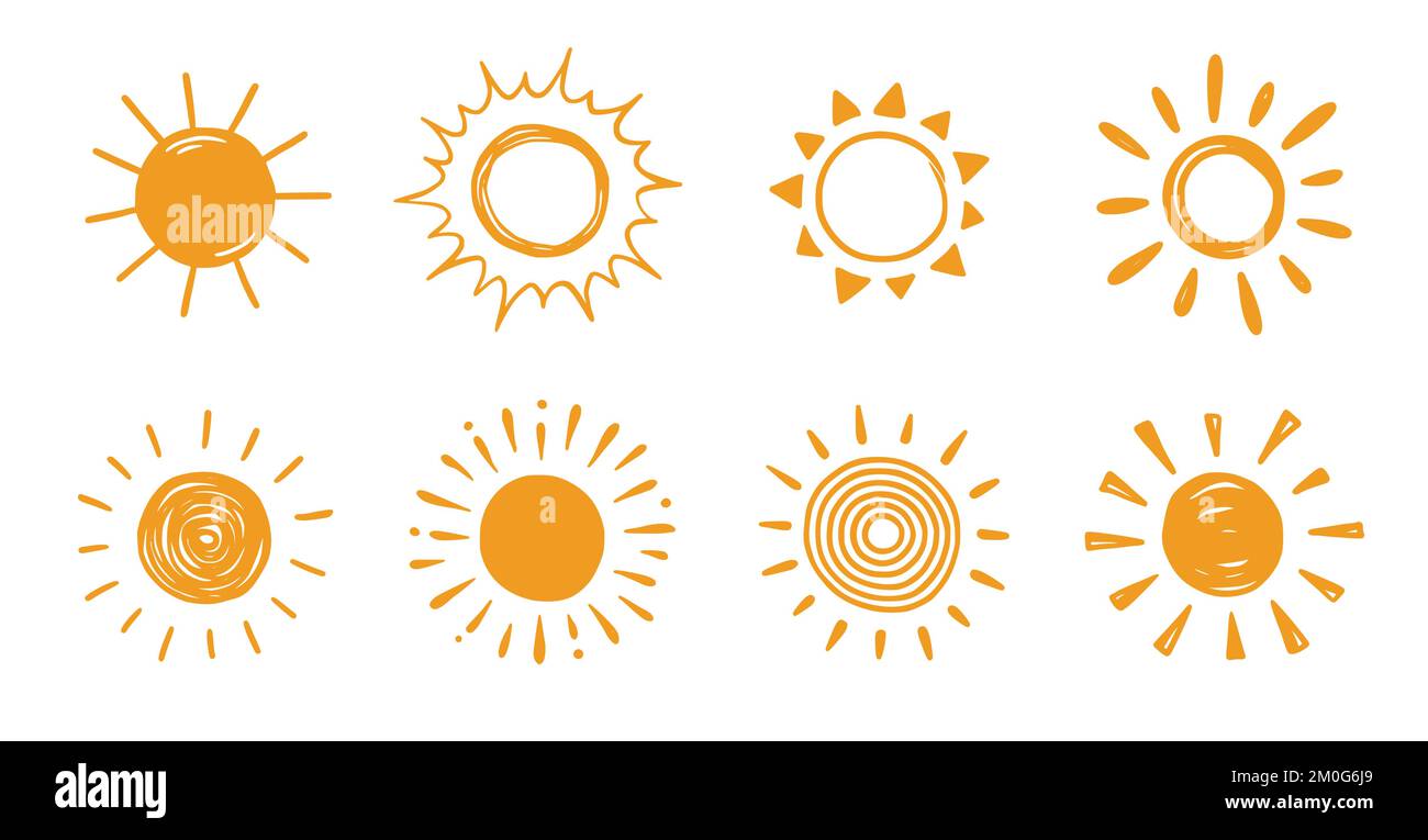 Doodle sun sketch illustration. Hand drawn cute orange sun set ...