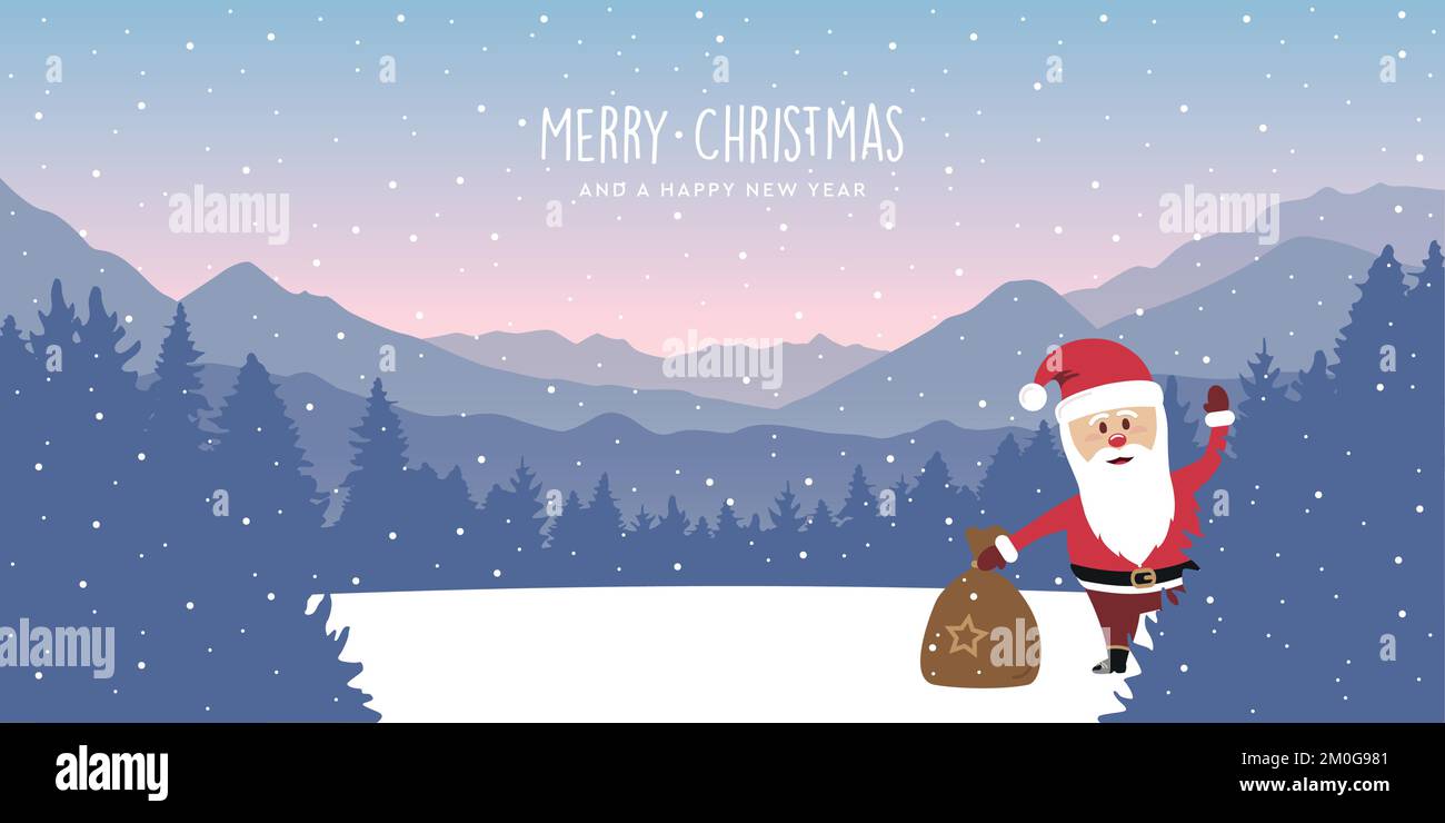 cute santa on snowy mountain and forest winter landscape christmas ...