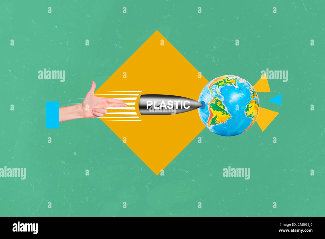 Creative collage picture of human arm fingers pistol gun gesture shoot ...