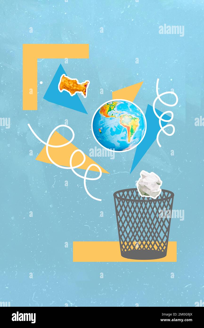 Vertical collage picture of food paper small earth globe falling trash ...