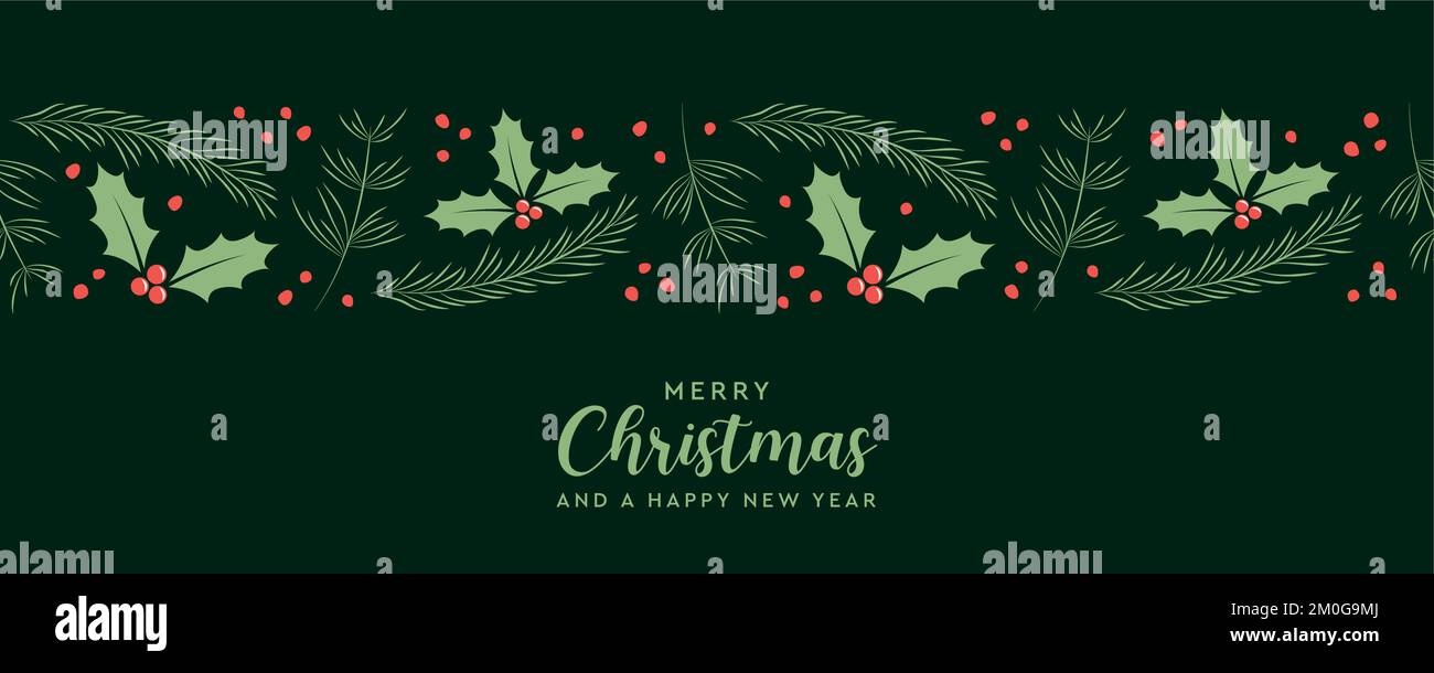 christmas greeting card banner with fir branches and holly berry border ...