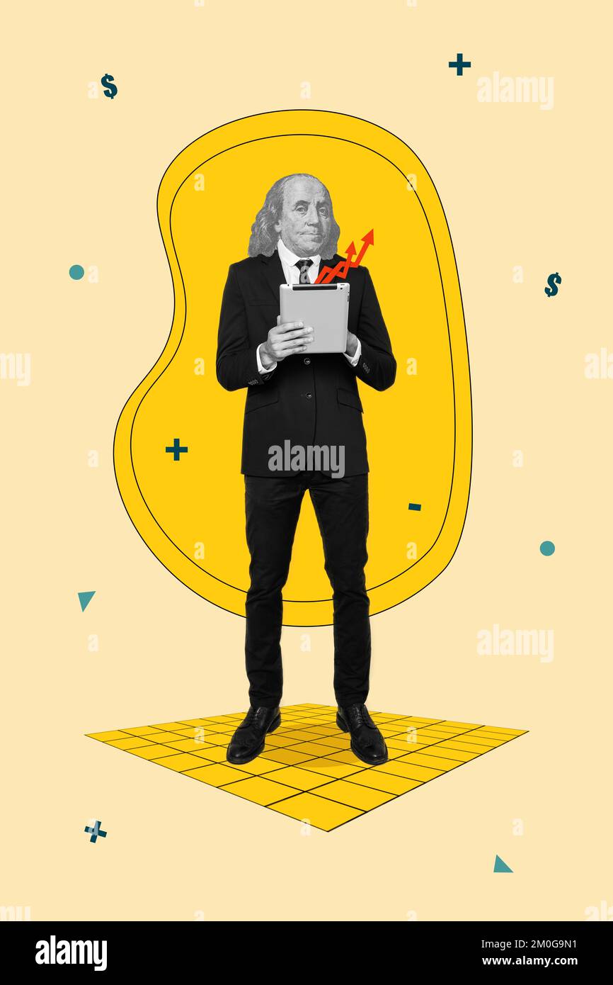 Creative photo 3d collage artwork poster picture of rich man monitors ...