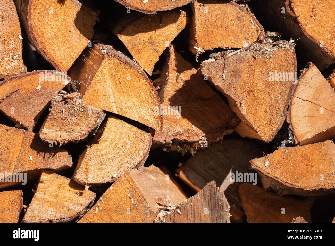 Stock of firewood, cutted birch wood chocks are stacked in rural barn ...