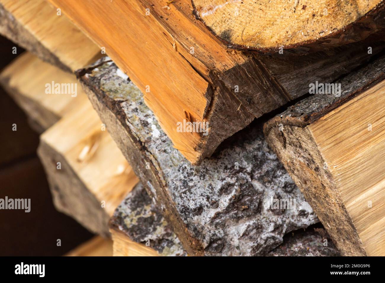 Pile of firewood, birch chocks lay stacked, close up photo Stock Photo ...