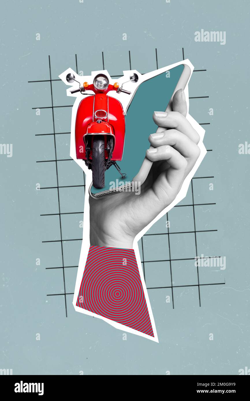 Collage photo of smartphone screen with moped fast transport moped ...
