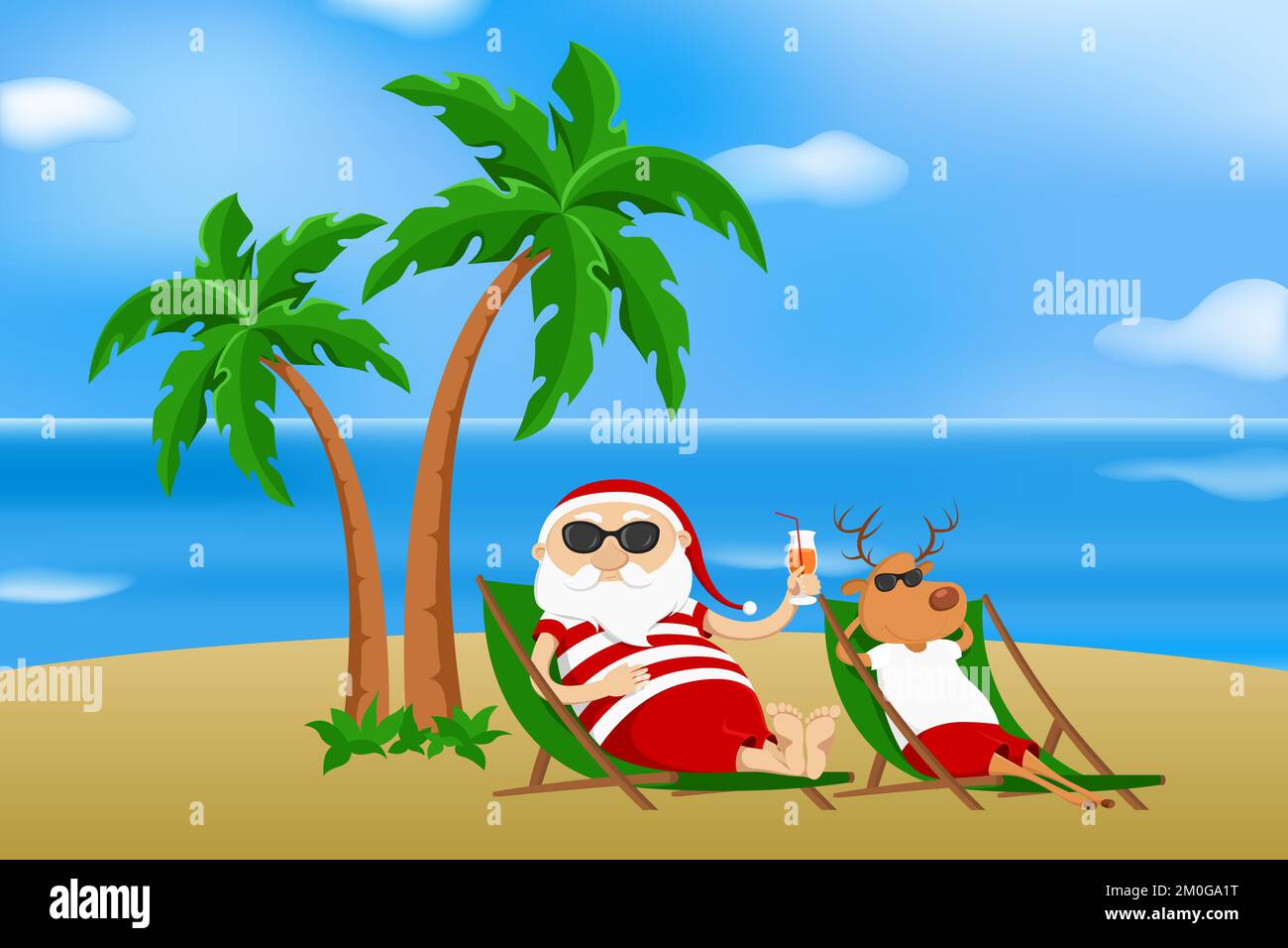 Santa and reindeer relaxing in sun loungers. Vector illustration Stock ...