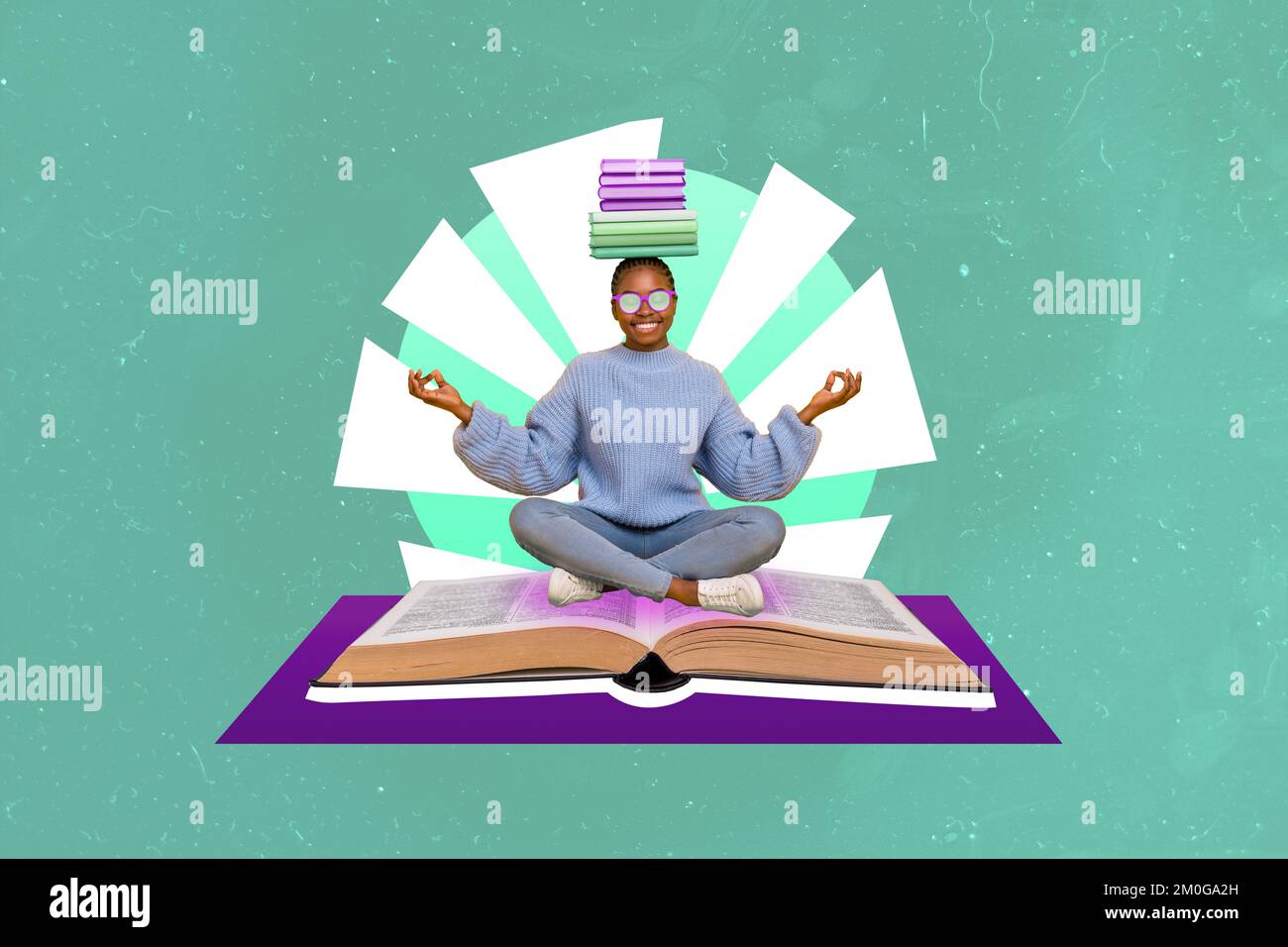 Composite collage image of little girl sit big opened book meditate ...