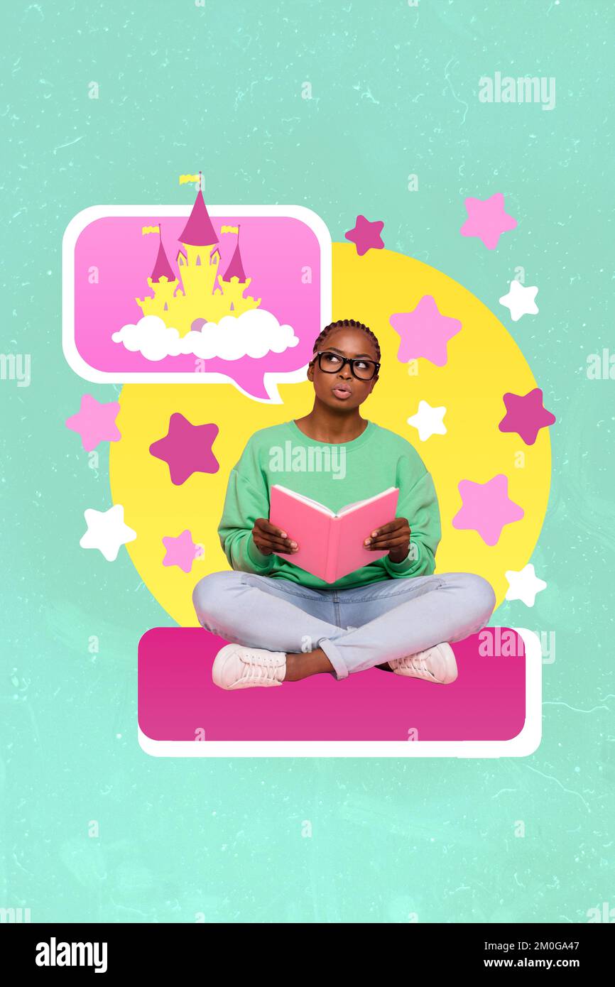 Vertical collage picture of minded creative girl hold book think ...