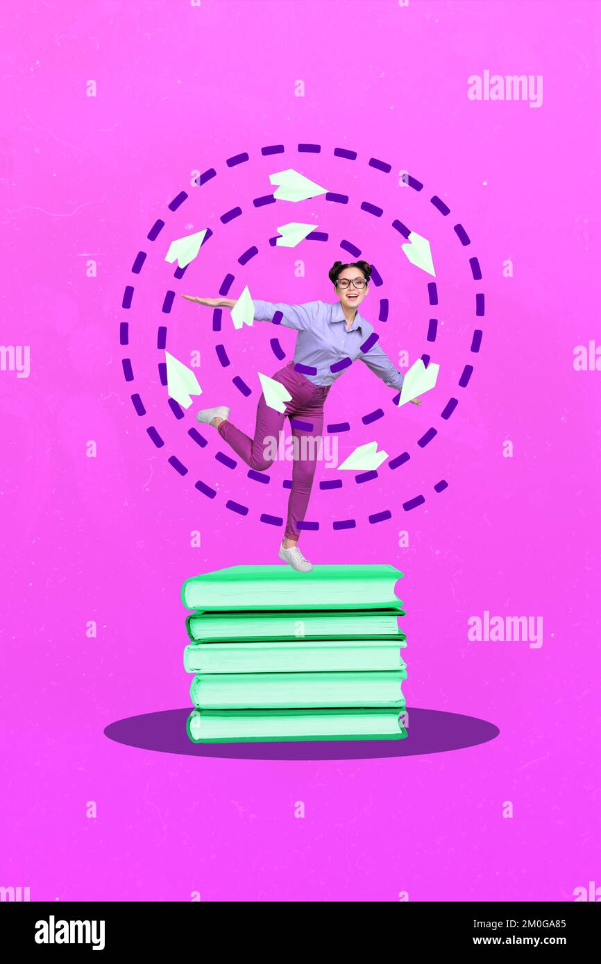 Vertical collage portrait of excited cheerful girl stand big pile stack ...