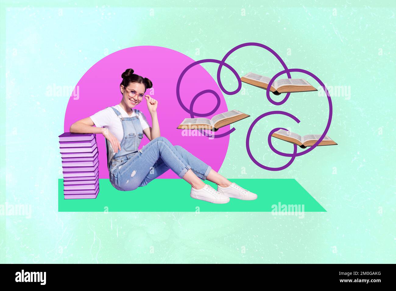 Composite collage picture of cheerful intelligent girl sit pile stack ...