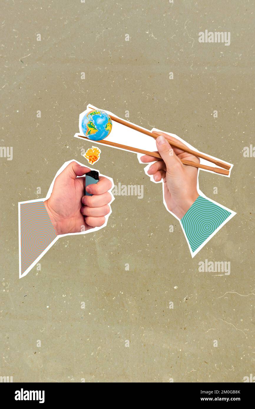 Collage photo of sushi chopsticks hold sphere planet earth lighter fire ...
