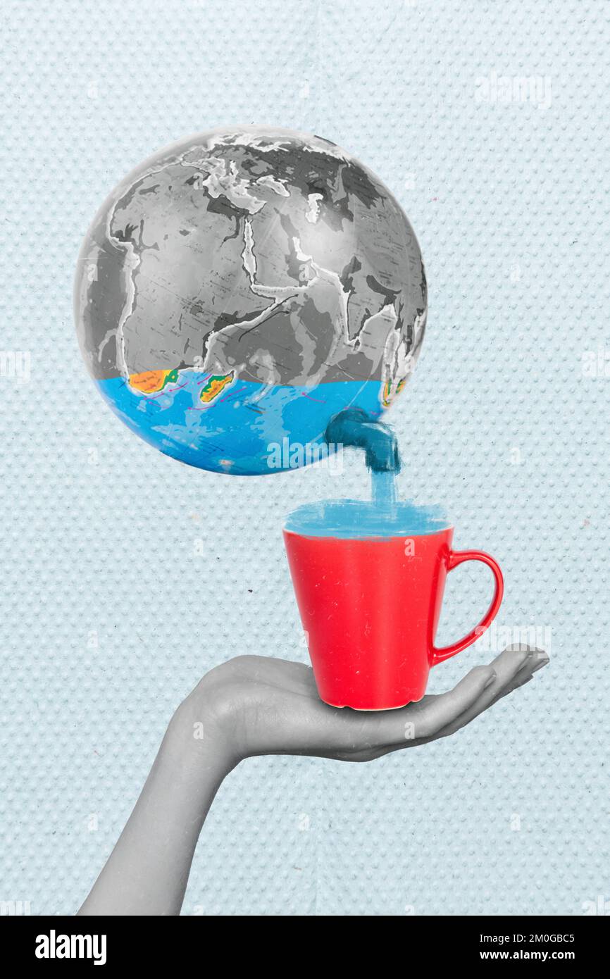 Collage photo concept planet earth pipe liquid stream inside cup lack ...