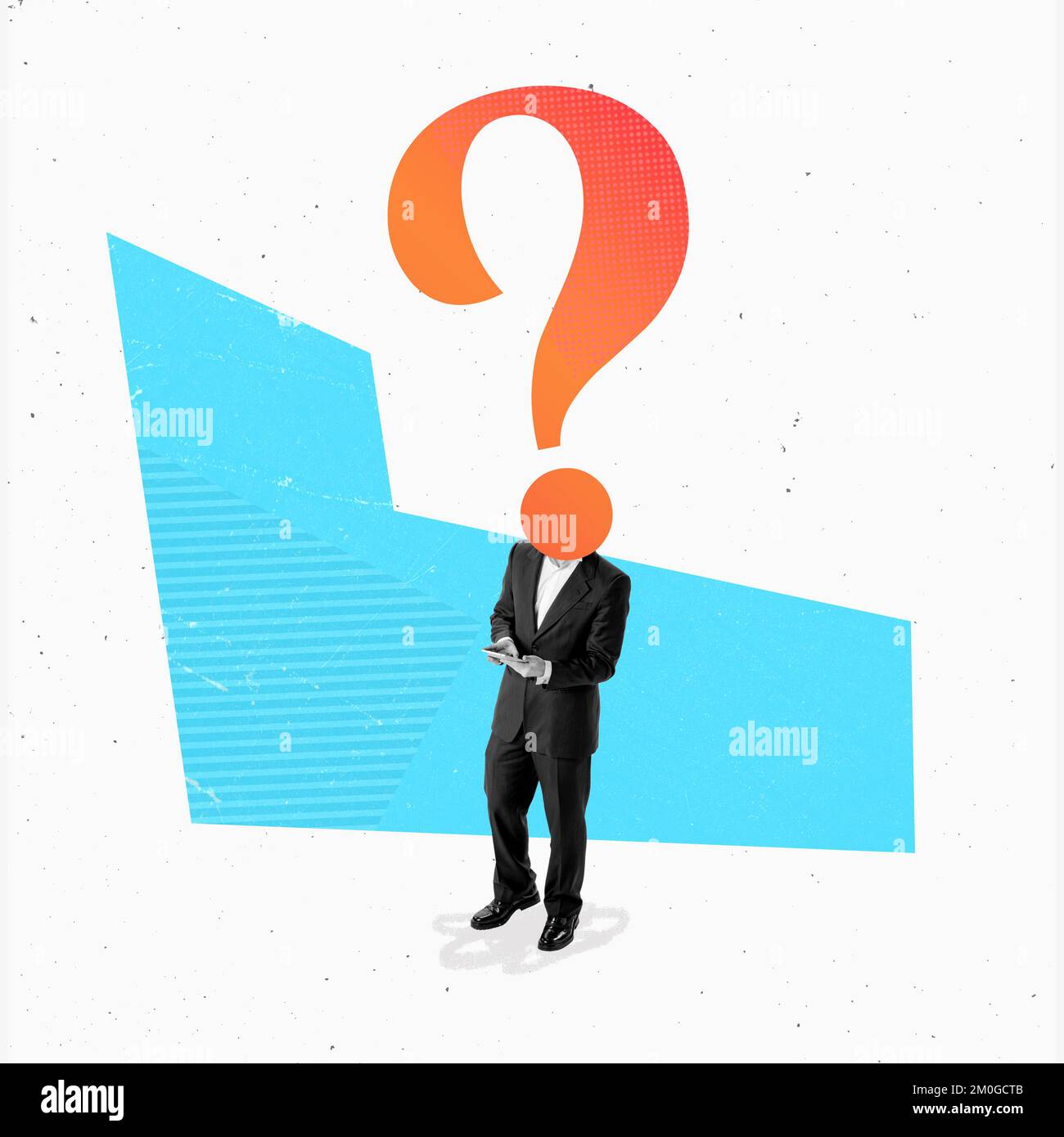 Creative desing. Young employee, man in suit with question mark instead ...