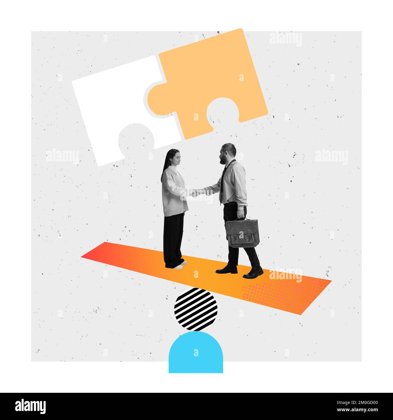 Contemporary art collage. Woman and man, employees, managers shaking ...