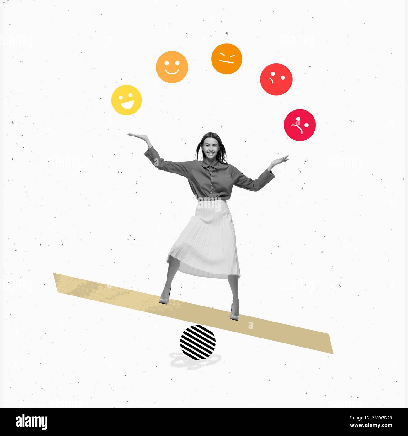 Happy young business woman balancing on swing with emotions icons over ...