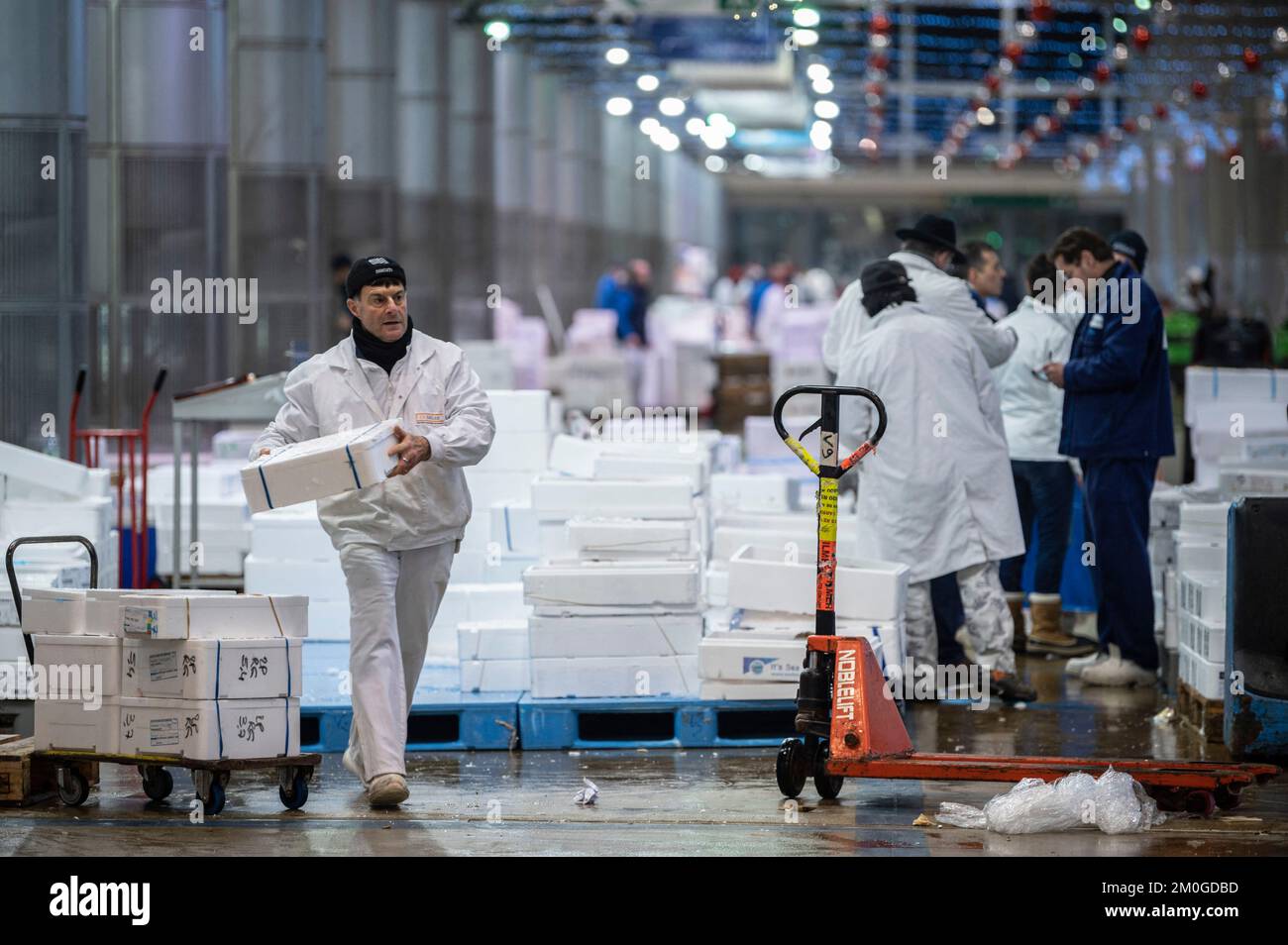Staff work in the seafood pavilion at Rungis International wholesale ...