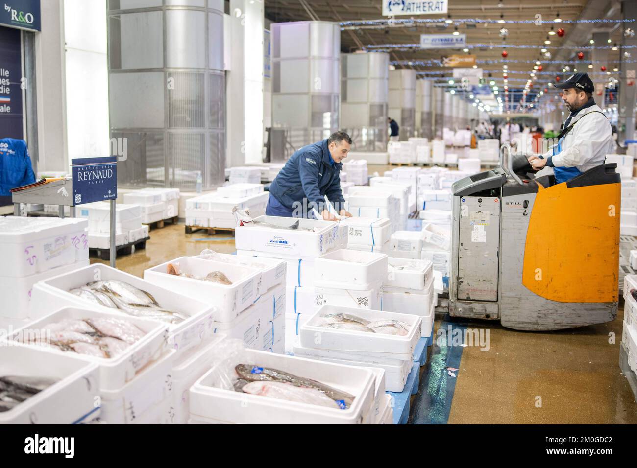 Staff work in the seafood pavilion at Rungis International wholesale ...