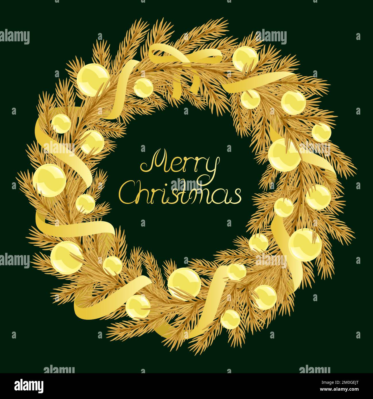 Golden Christmas wreath with ribbons bubbles. Vector illustration Stock ...