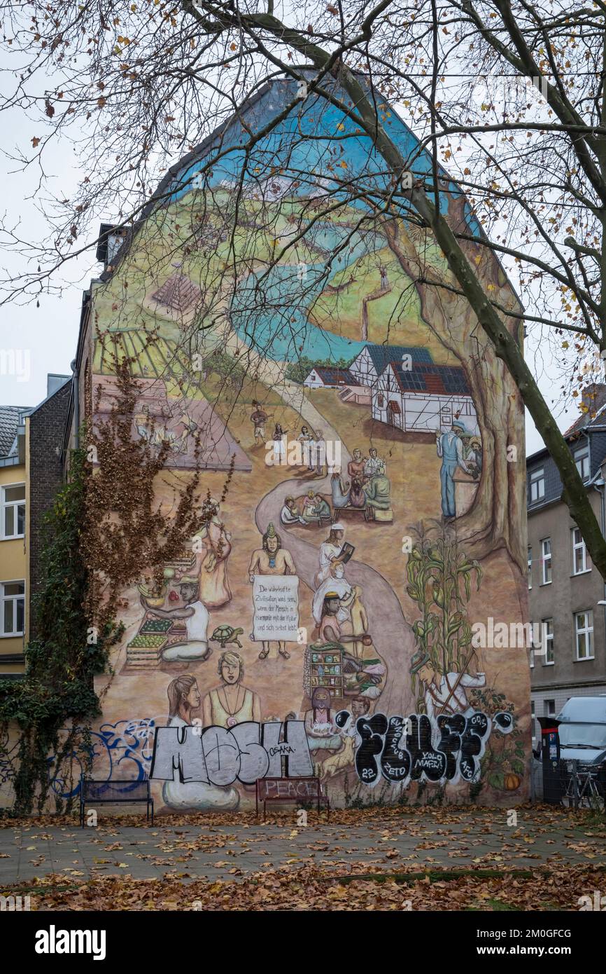 graffitis on house wall on Grimm street in the district Ehrenfeld ...