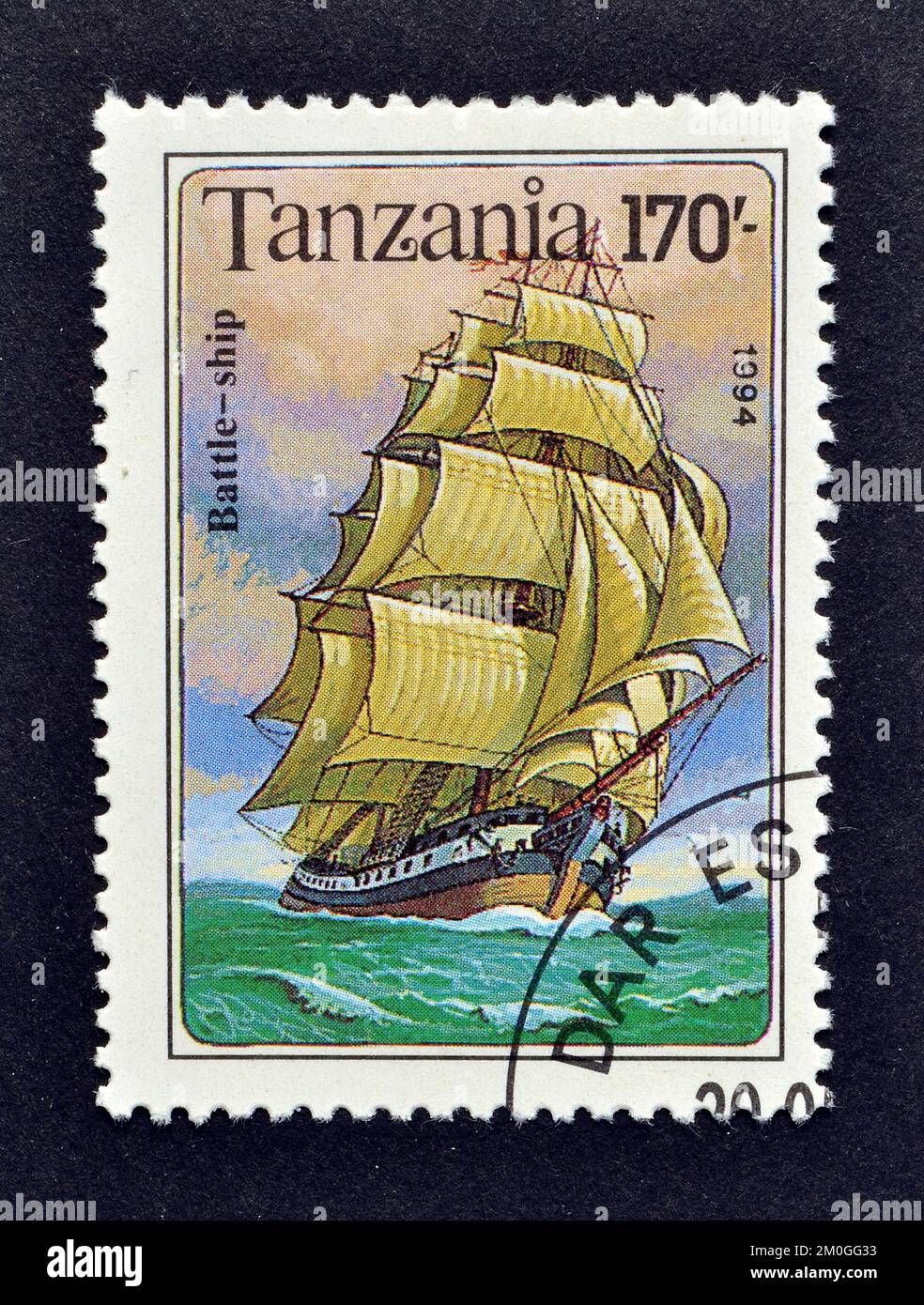 Cancelled postage stamp printed by Tanzania, that shows Battle Ship ...