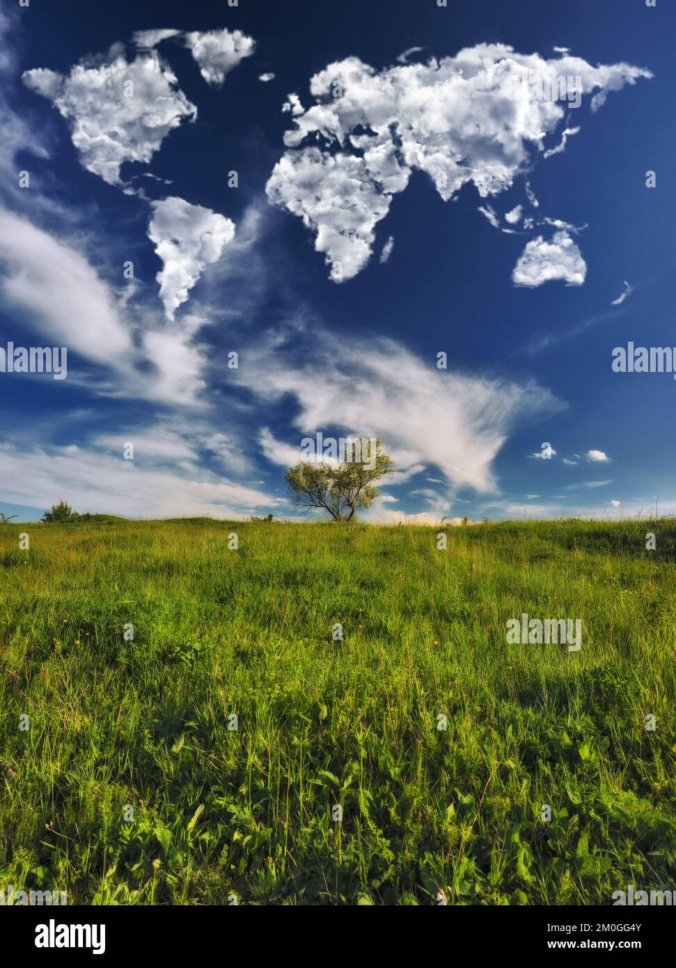 clouds in the form of a world map over a picturesque meadow. travel and ...