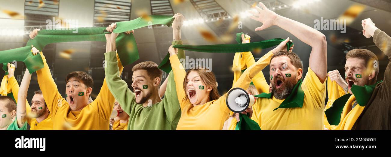 Group of emotive young people, football, soccer fans cheering Brazil ...