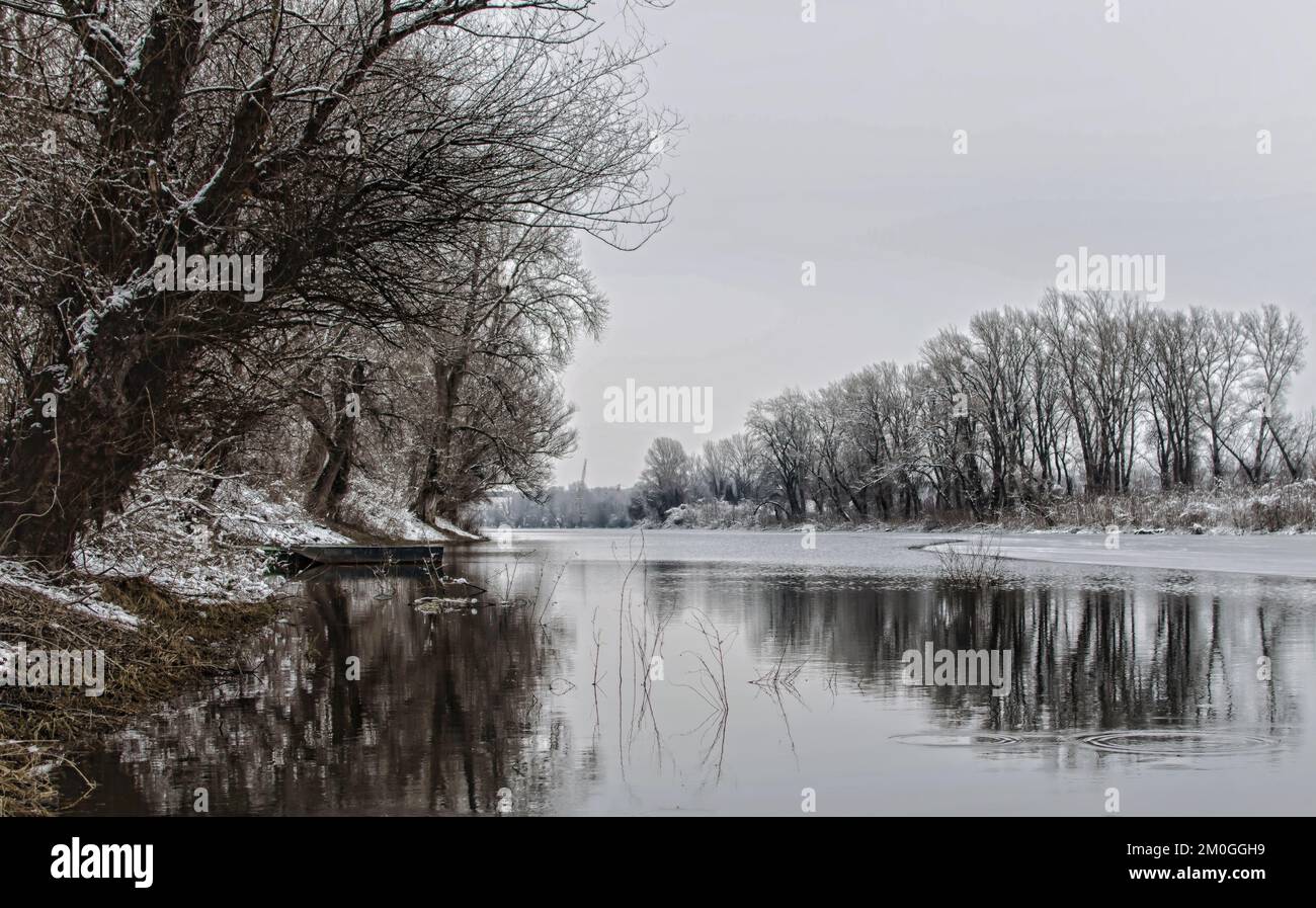Danube river delta in winter. A panoramic view of the Danube river ...