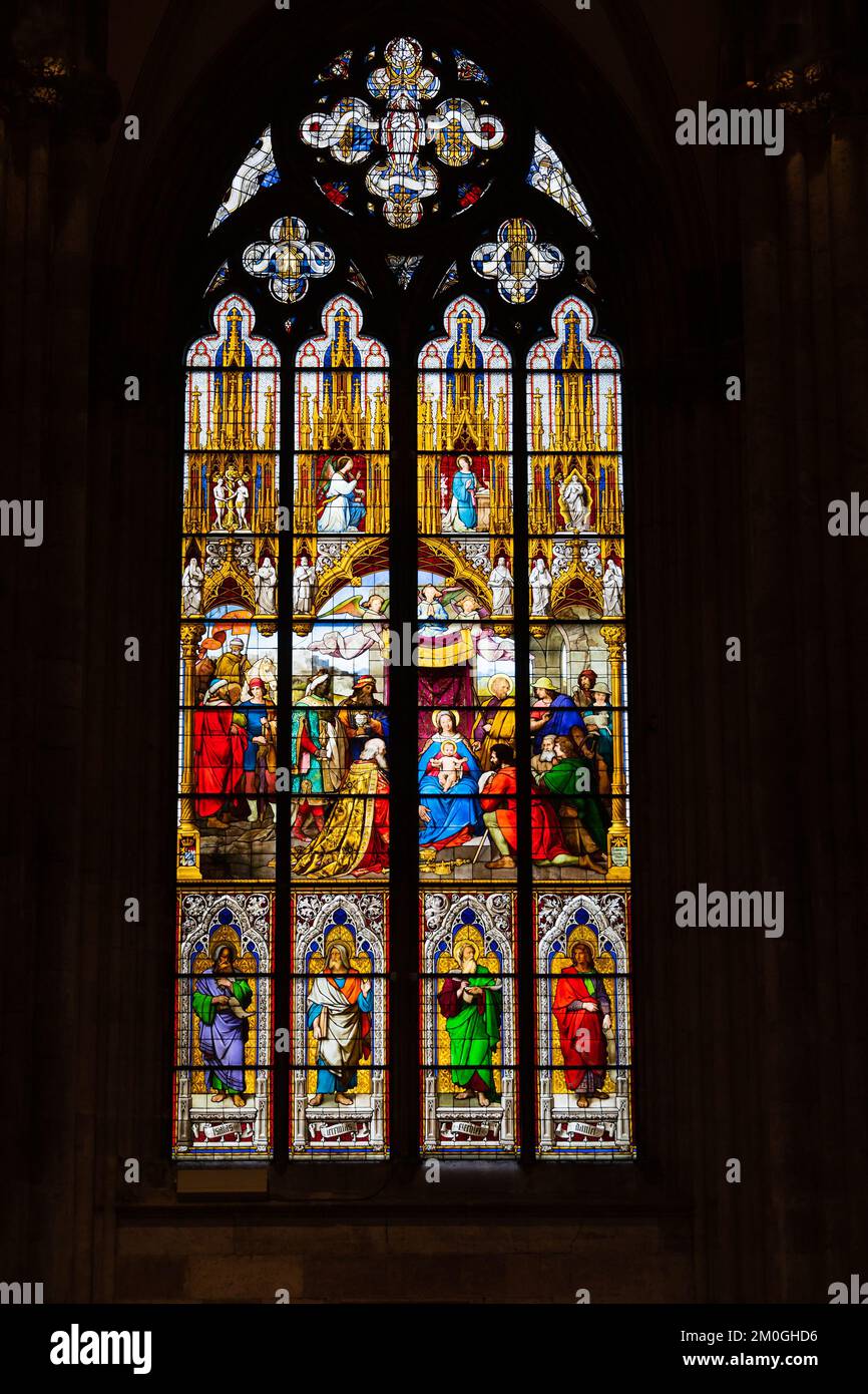 Stained glass window detail, Cologne Koln catholic Cathedral Dom ...