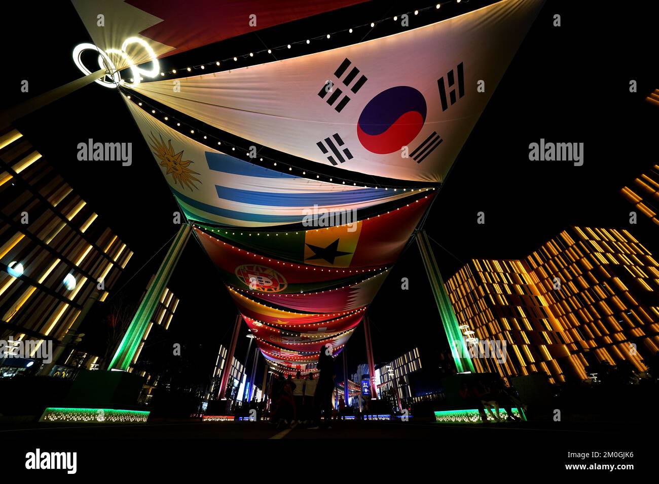 A general view of illuminated flags of competing World Cup nations ...