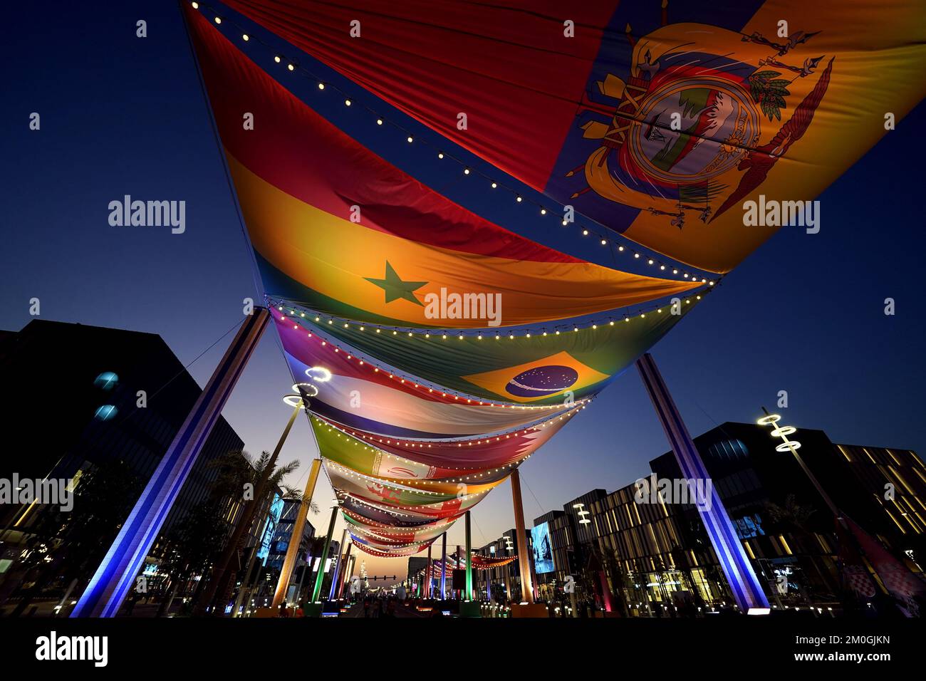A general view of illuminated flags of competing World Cup nations ...