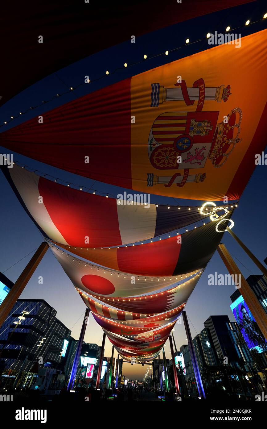 A general view of illuminated flags of competing World Cup nations ...