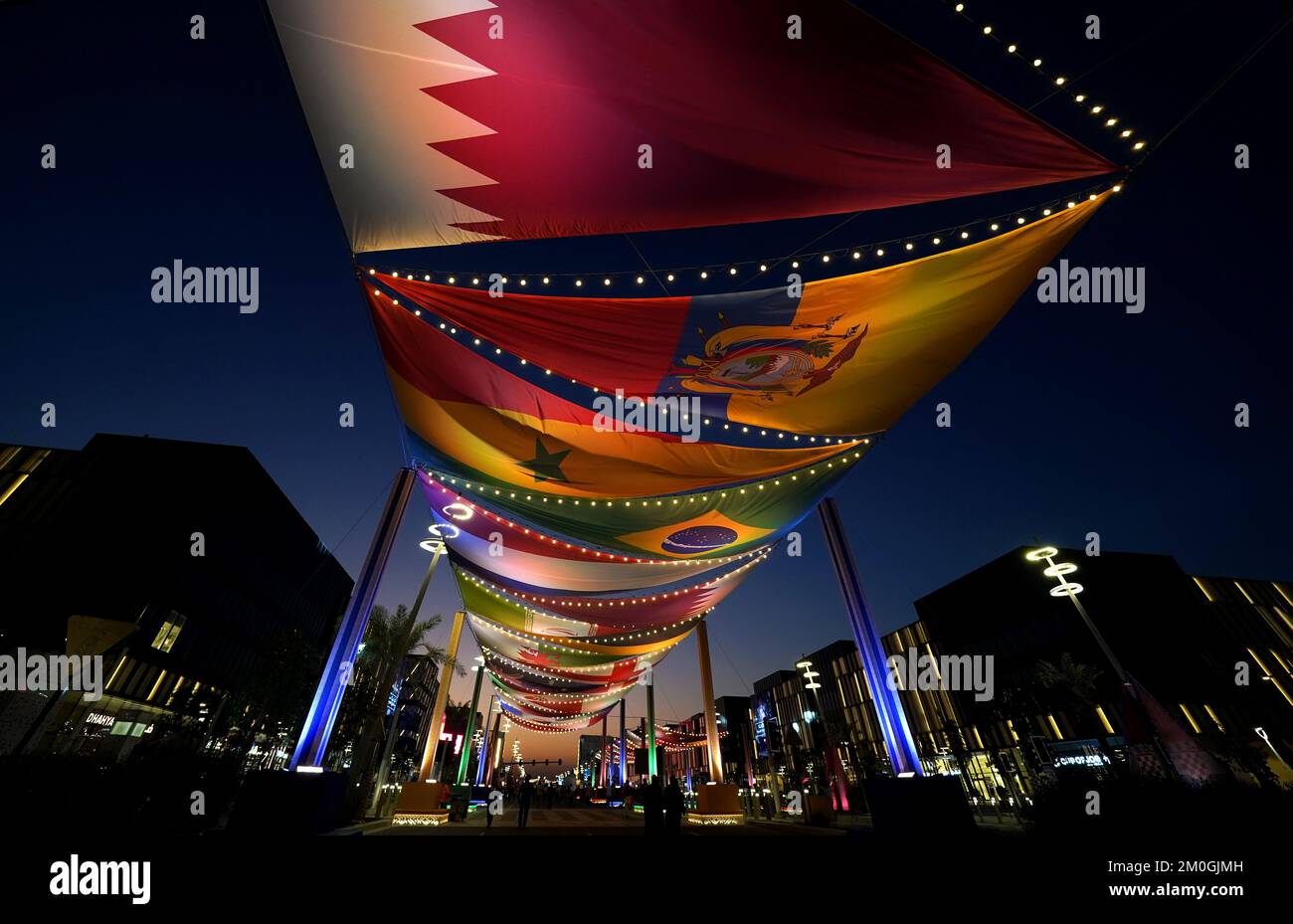 A general view of illuminated flags of competing World Cup nations ...