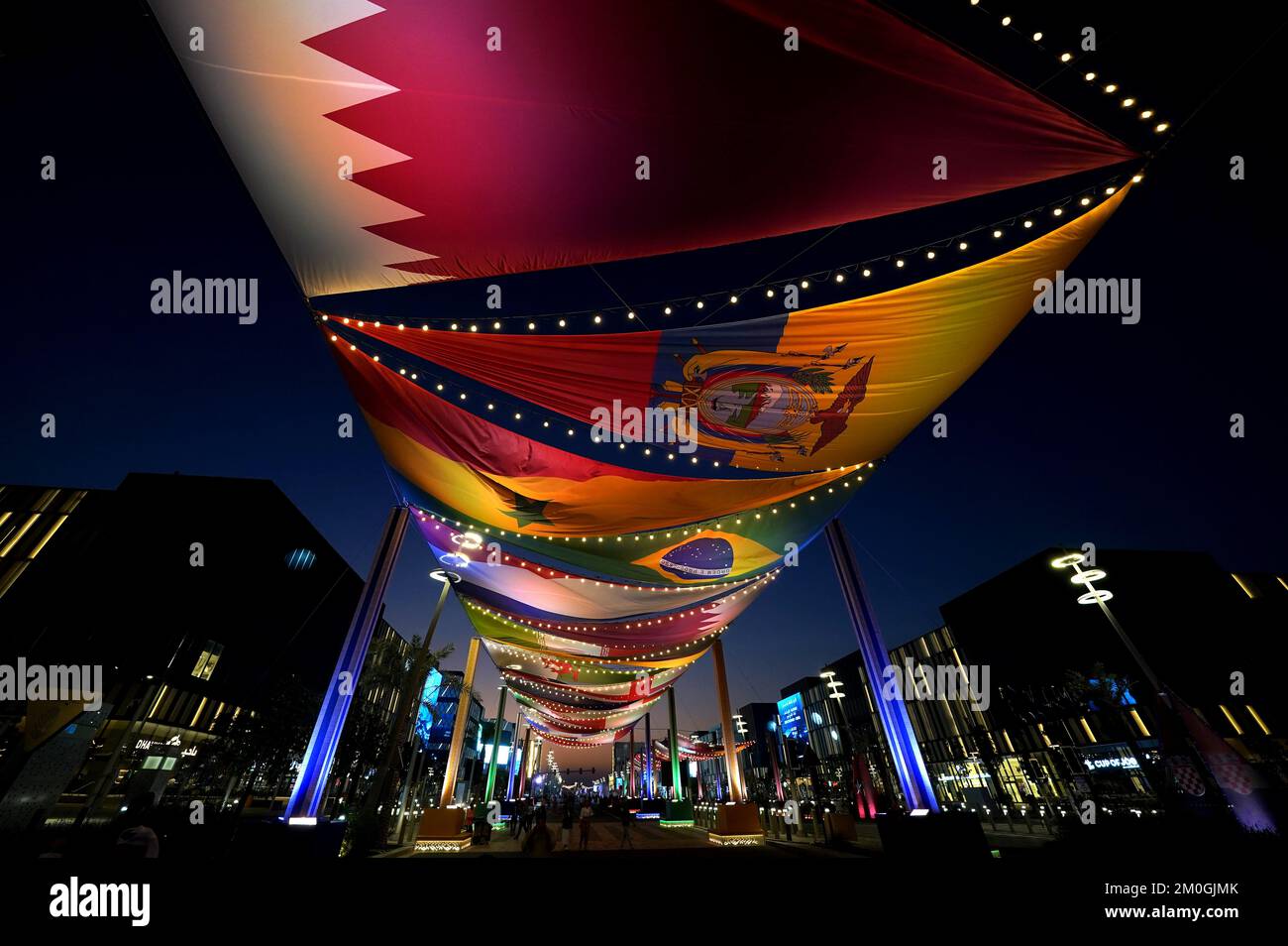 A general view of illuminated flags of competing World Cup nations ...
