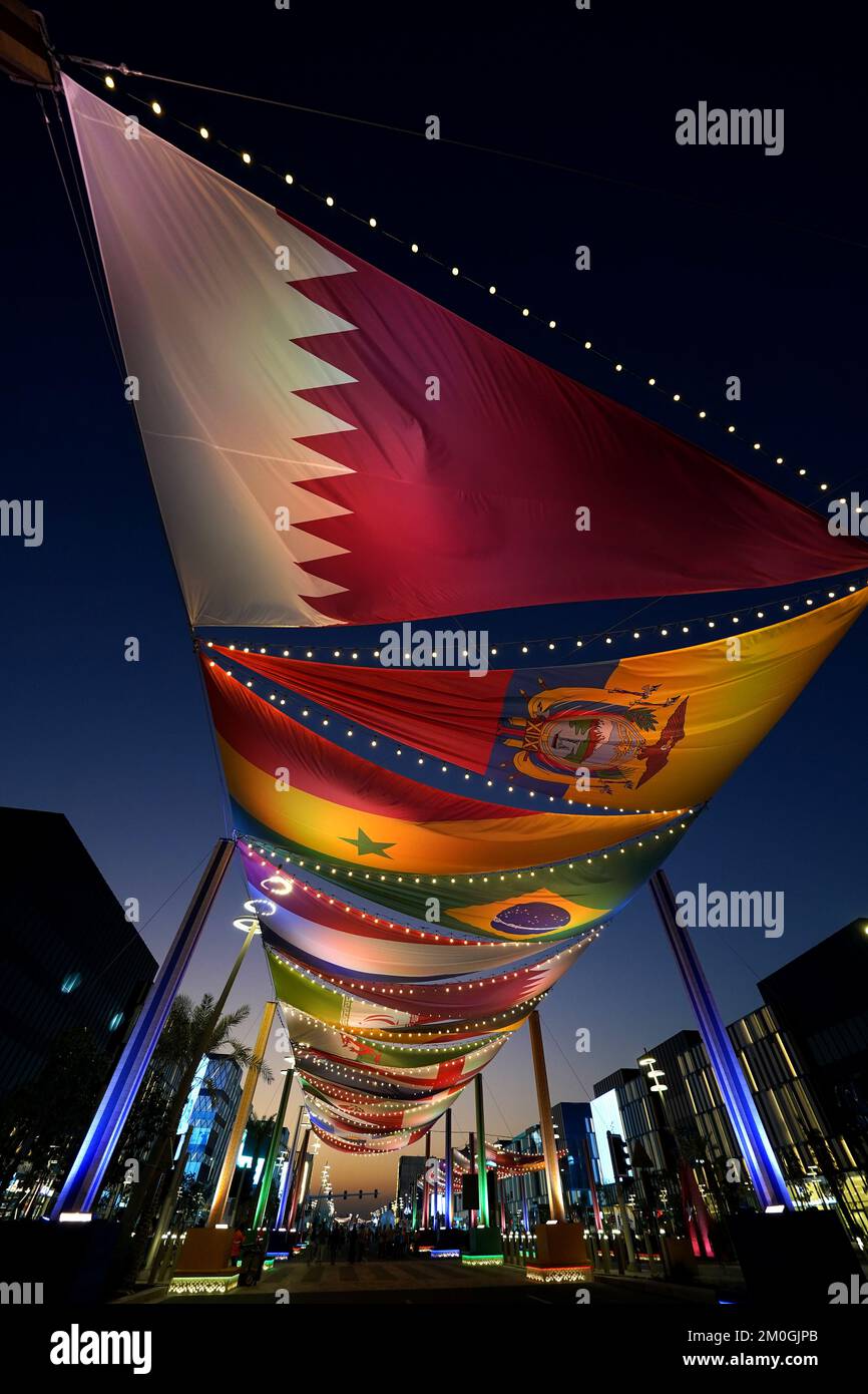 A general view of illuminated flags of competing World Cup nations ...