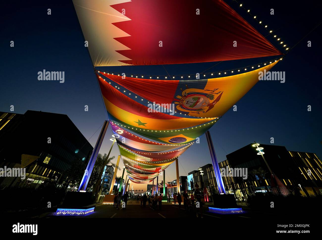 A general view of illuminated flags of competing World Cup nations ...
