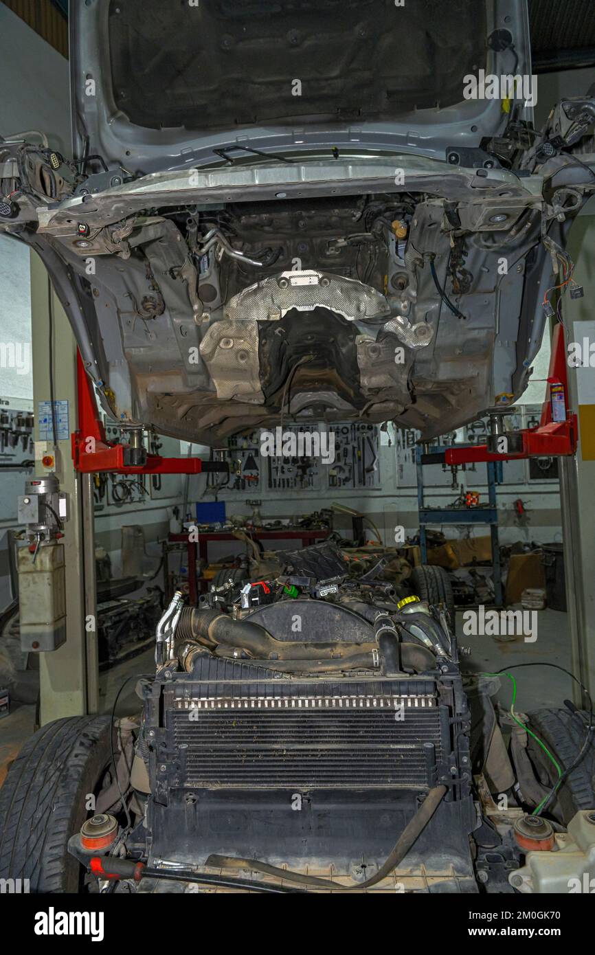 Chassis and bodywork of a car, being repaired in the mechanical ...