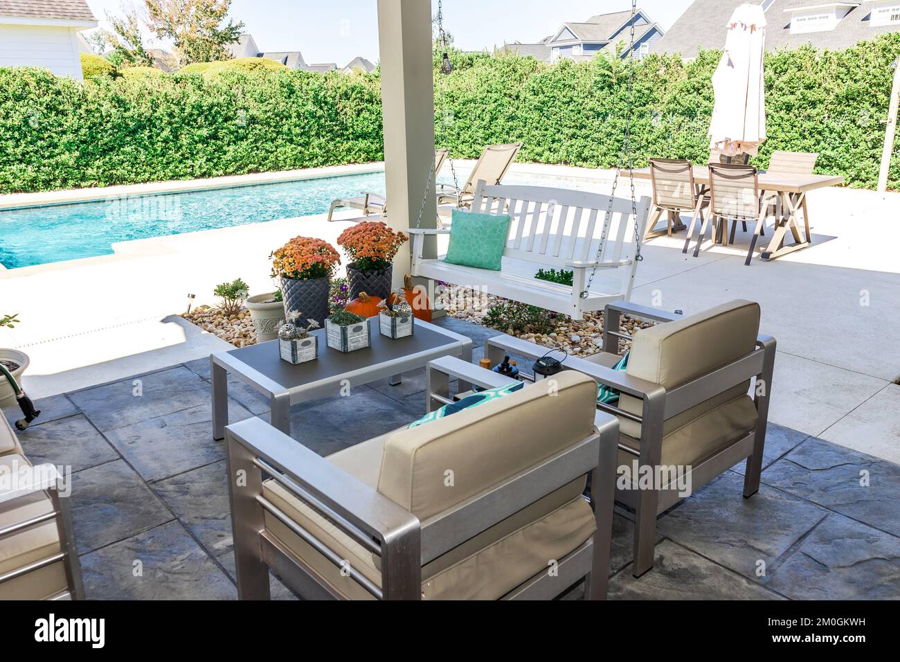 Covered outdoor patio in a new construction house home with guest ...