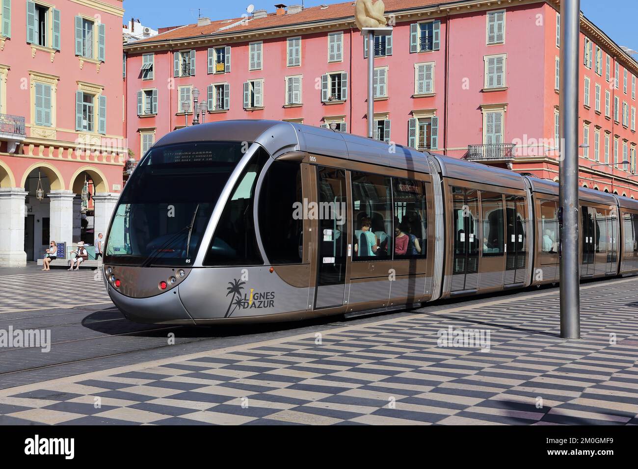 NICE, FRANCE - MAY 18, 2015: This is a modern tram line in the city ...
