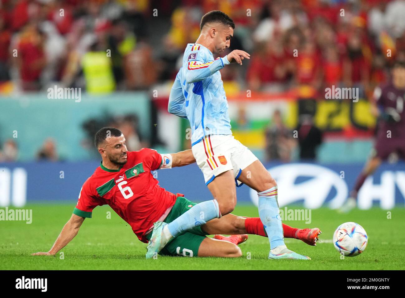 Romain Sais of Morocco and Ferran Torres of Spain during the FIFA World ...