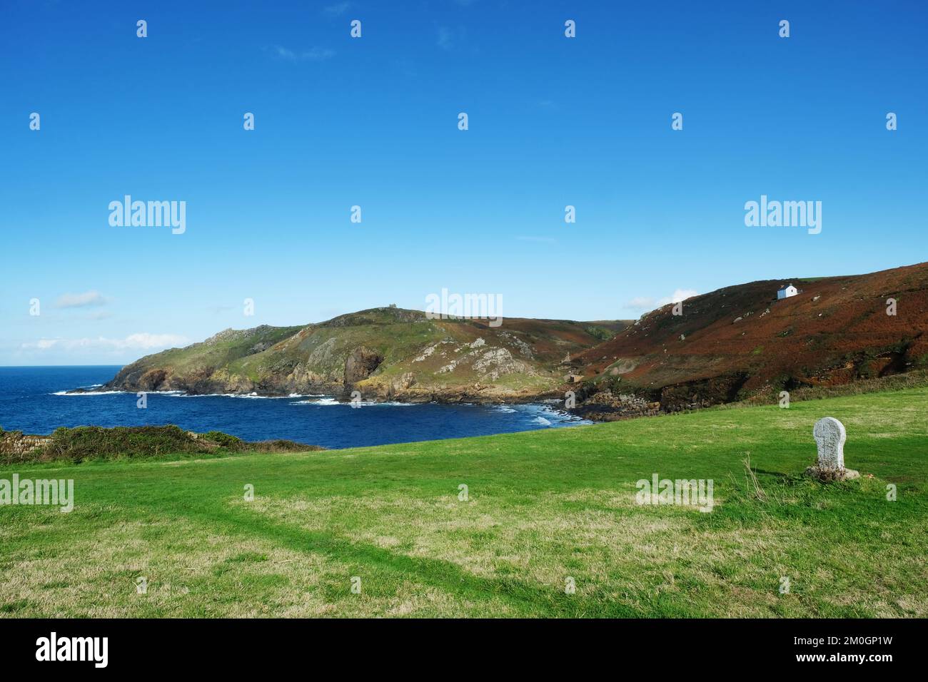 The Cornish coast from Cape Cornwall also showing the grave of a local ...