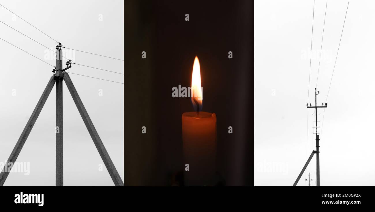 Blackout, power grid overloaded. Blackout concept. Earth hour. Burning ...