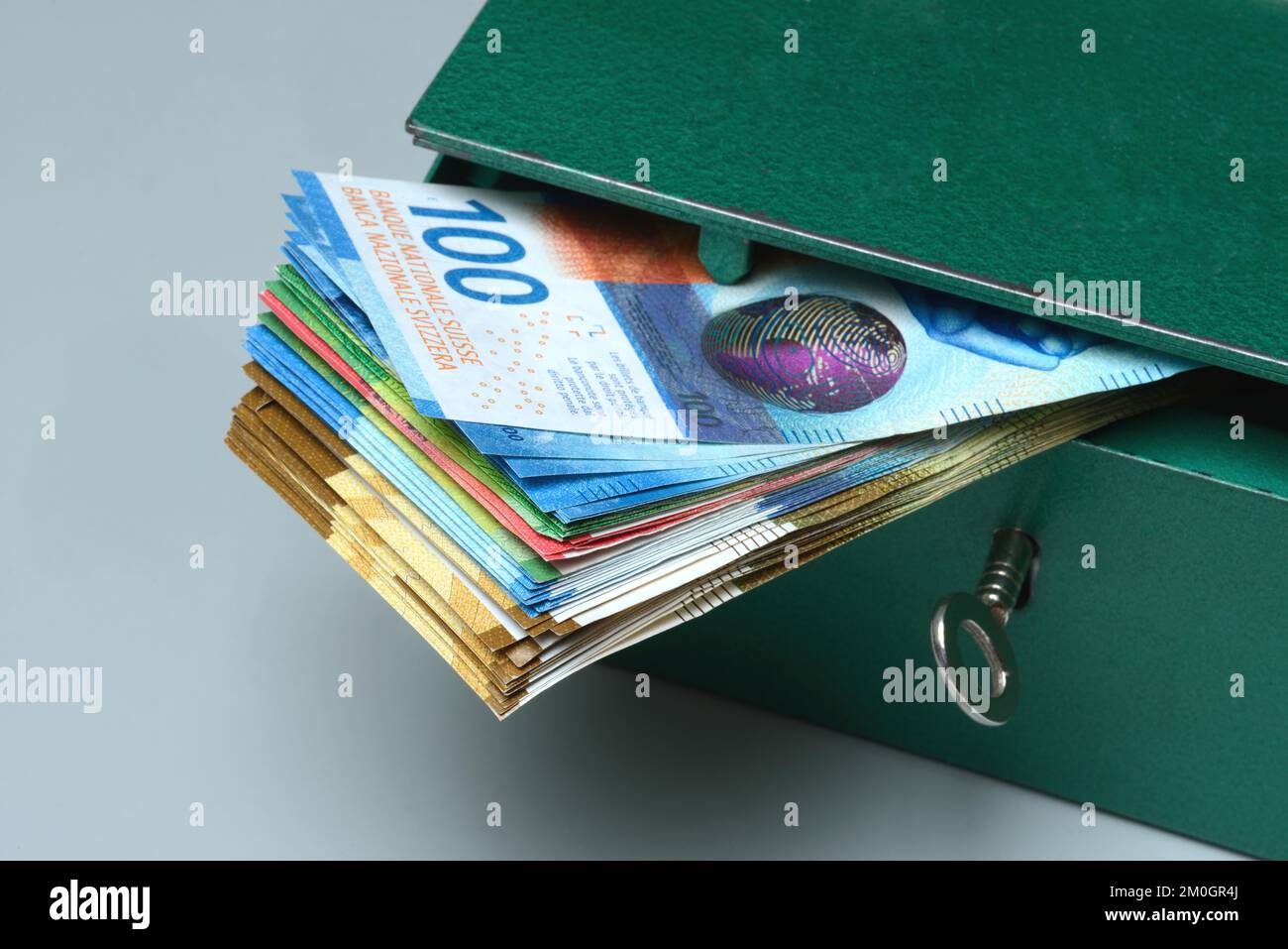 Cash box and Swiss banknotes, money, banknotes Stock Photo - Alamy
