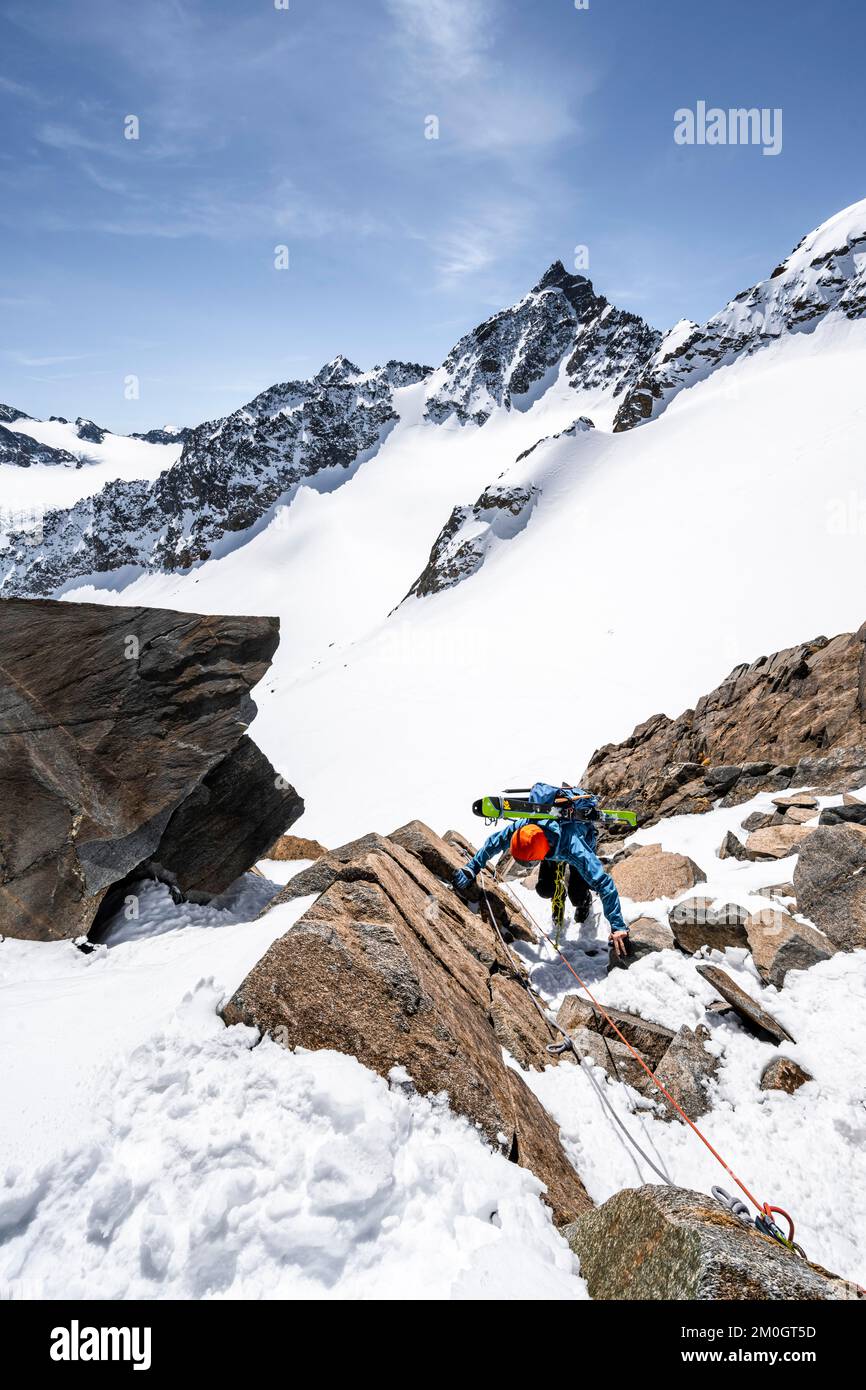 Ski tourers descending on the rope at the Turmscharte, view of the ...