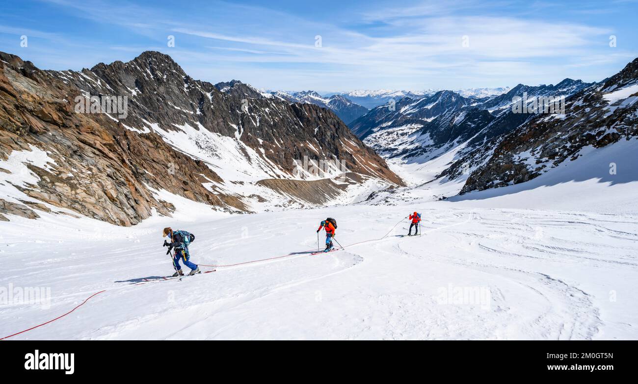 Three ski tourers walking on the rope on the glacier, ascent on the ...
