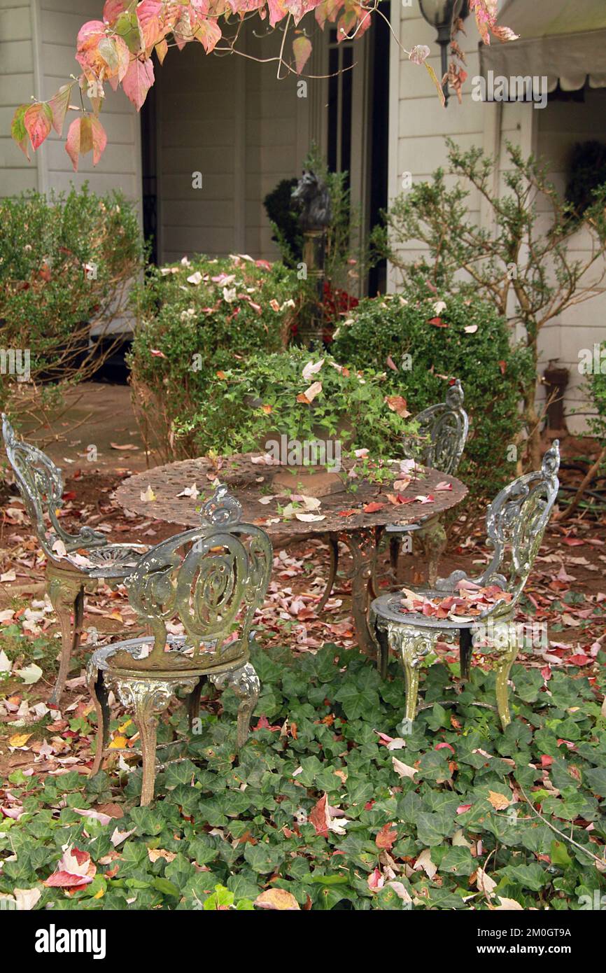 Old fashioned outdoor patio dining area in an autumn day Stock Photo ...
