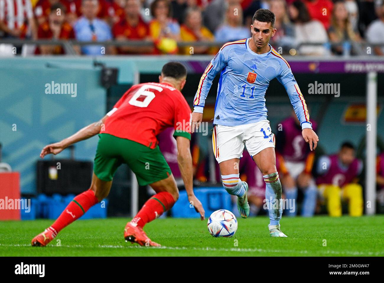 AL RAYYAN, QATAR - DECEMBER 6: Romain Saiss of Morocco battles for the ...