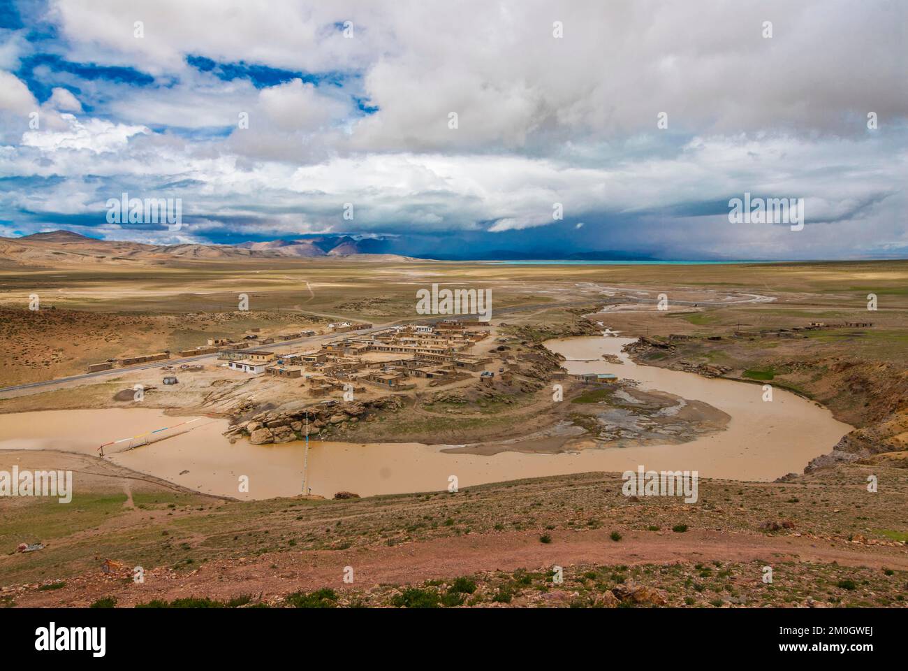 Little village below the Chiu monastery at the Lake Manasarovar ...