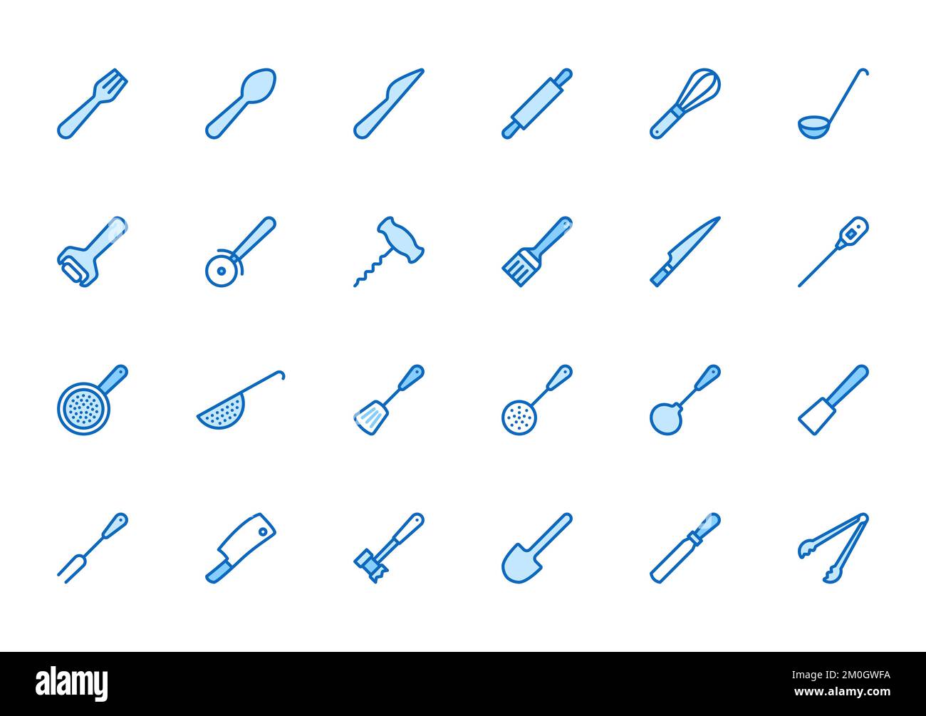 Cookware line icon set. Kitchen equipment - fork, knife, spoon, hammer ...