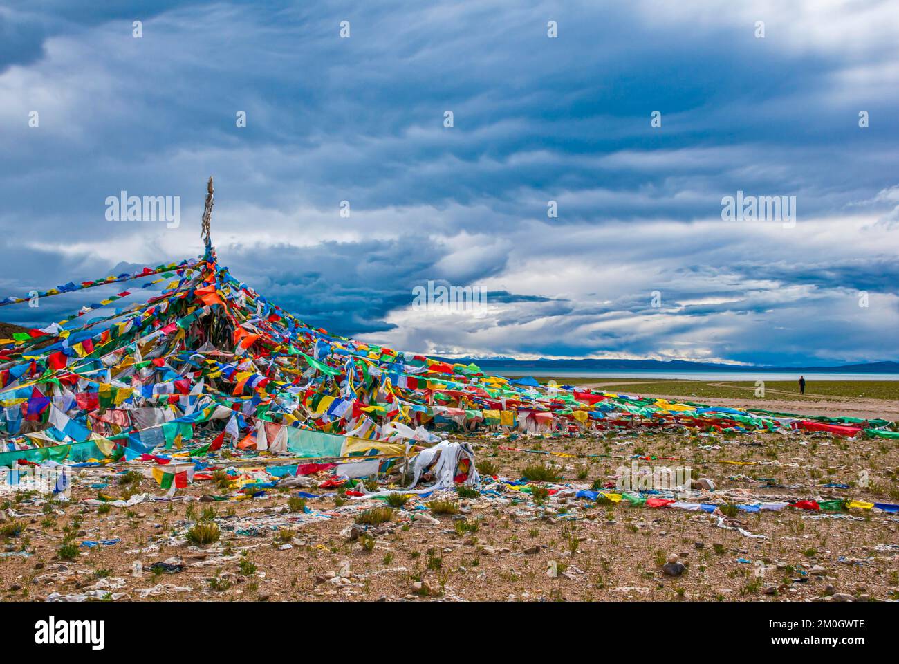 Praying flags with view on the Manarasowar lake, along the southern ...
